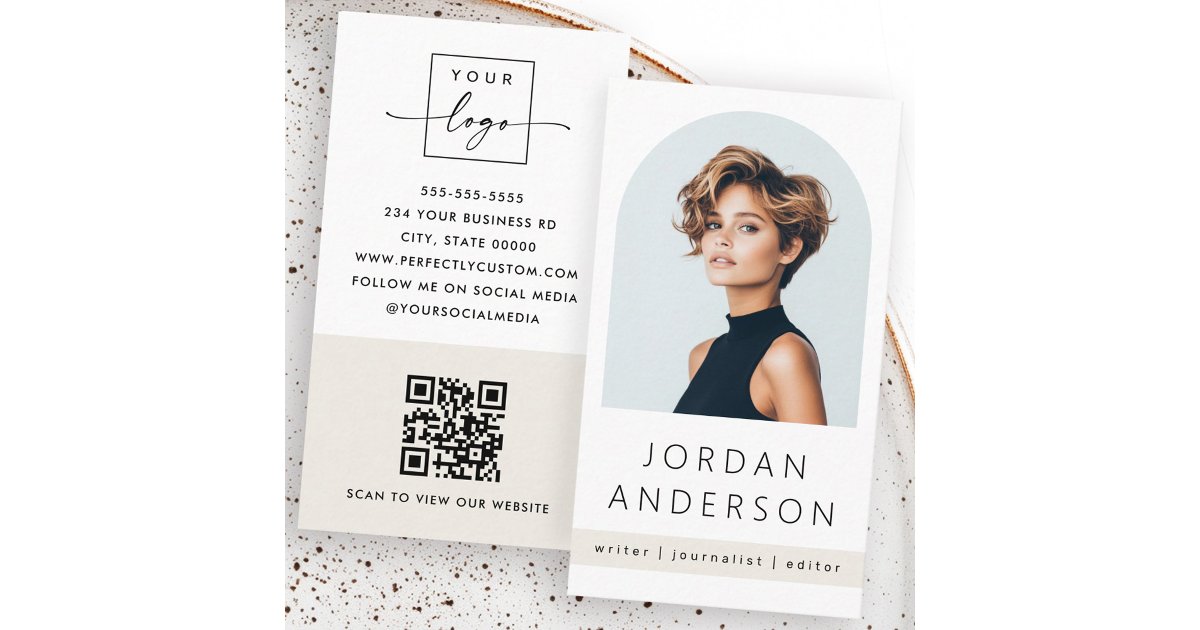 Arch photo modern minimal light tan QR logo Business Card | Zazzle