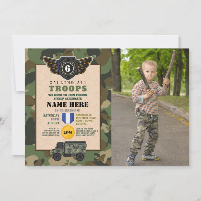 Army Military Troops Birthday Party Camo Invitation | Zazzle