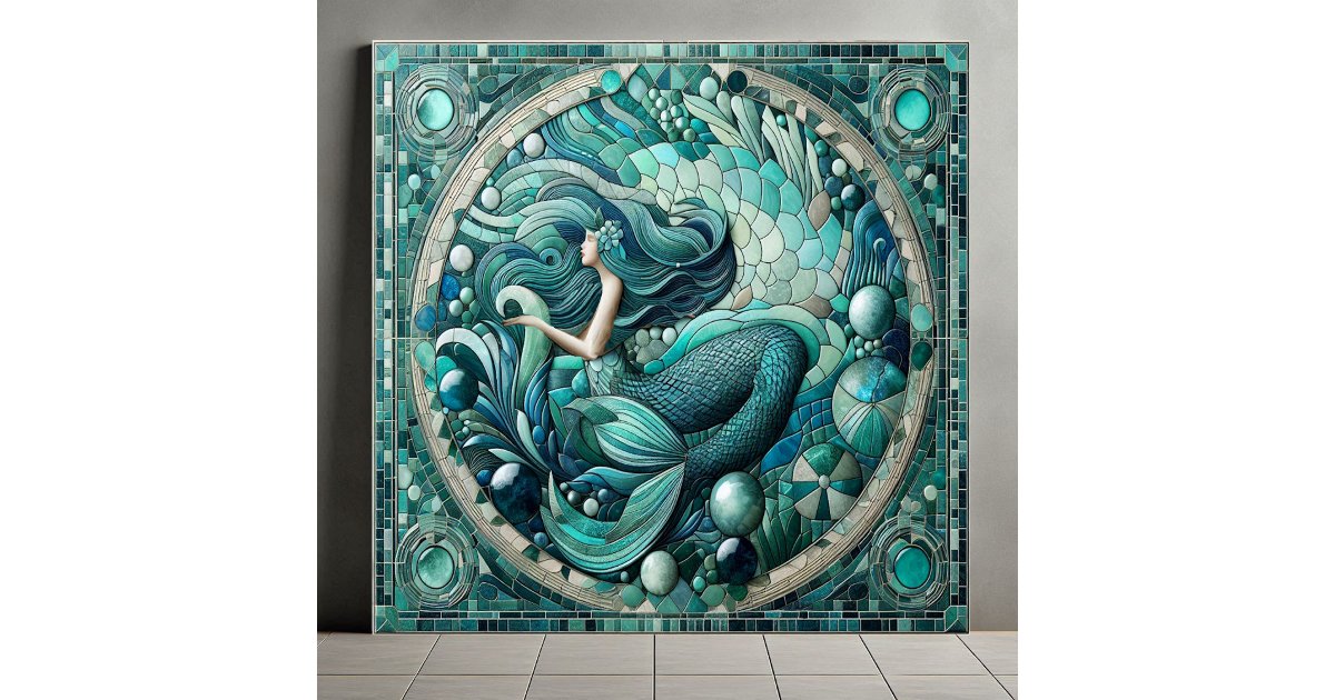 Art Deco Ocean Mermaid Aqua Blue Coral Mosaic Cool Tile | Zazzle