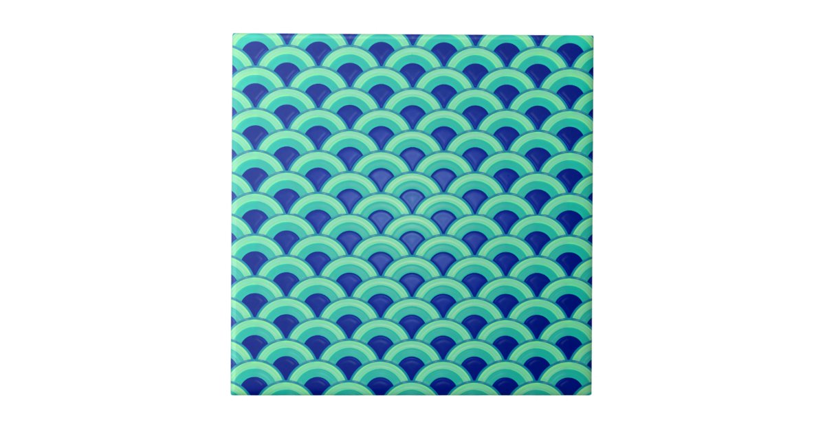 Art Deco wave pattern - turquoise and cobalt Tile | Zazzle