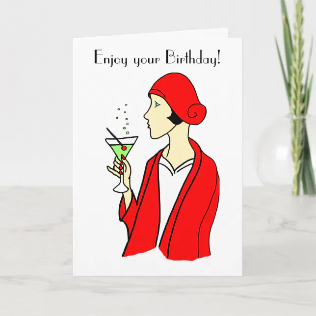 Art Deco Woman Red Hat Birthday Card | Zazzle