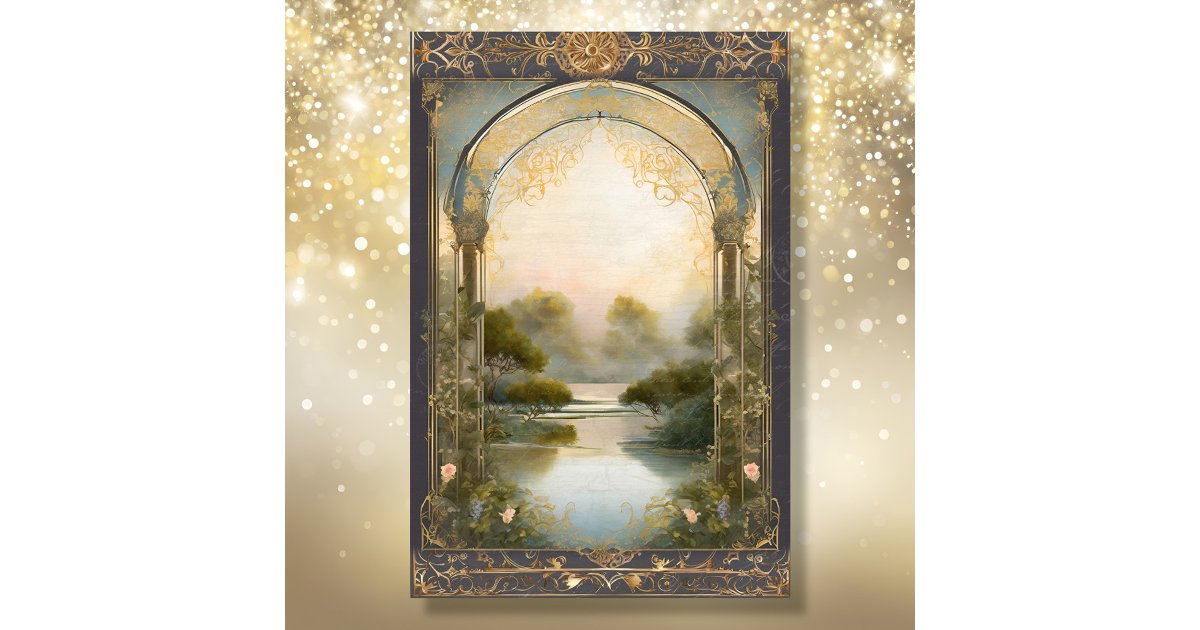 Art Nouveau Castle Lake Navy n Gold Ephemera 4A Tissue Paper | Zazzle