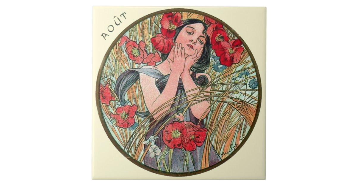 Art Nouveau Mucha Calendar August Tile | Zazzle