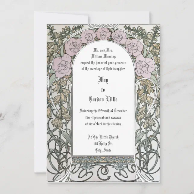 Art Nouveau Pink Floral Border by Alphonse Mucha Invitation | Zazzle