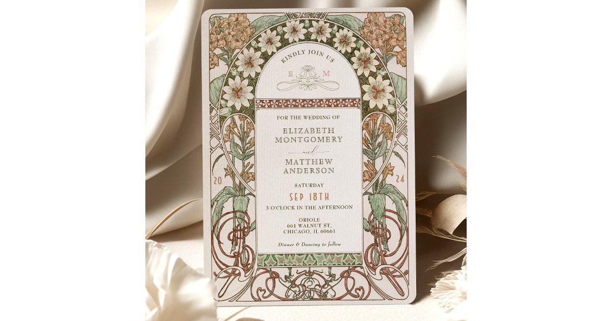 Art Nouveau Sepia & Cream Floral Wedding Invitation | Zazzle