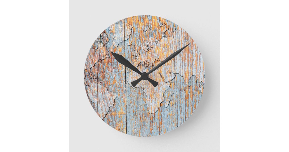 Artistic wooden world map round clock | Zazzle