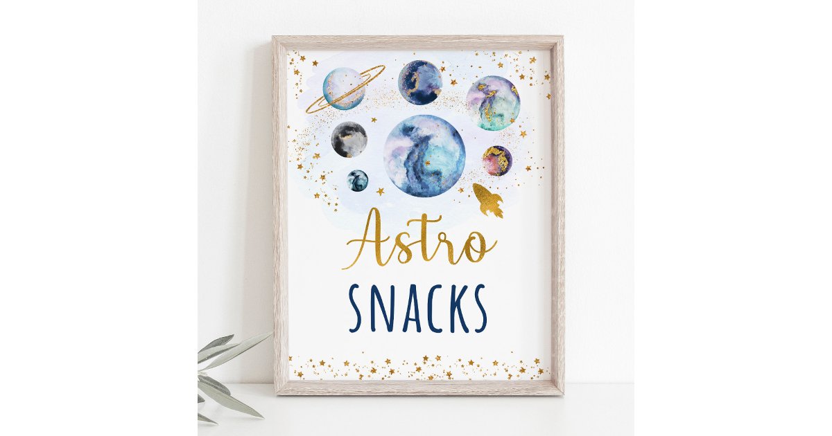 Astro Snacks Blue Gold Space Birthday Sign | Zazzle