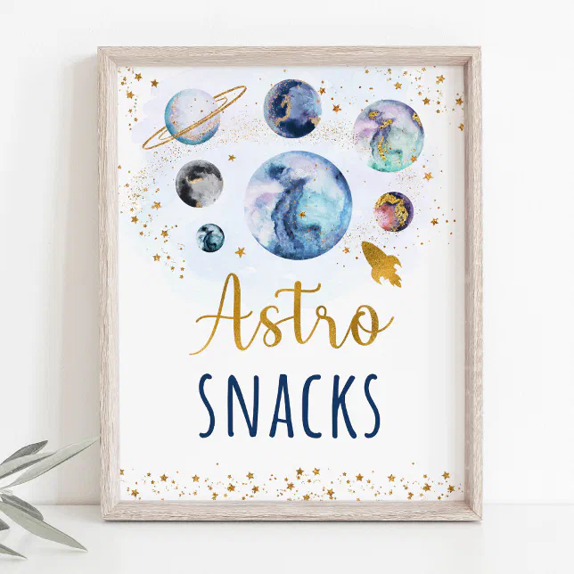 Astro Snacks Blue Gold Space Birthday Sign | Zazzle