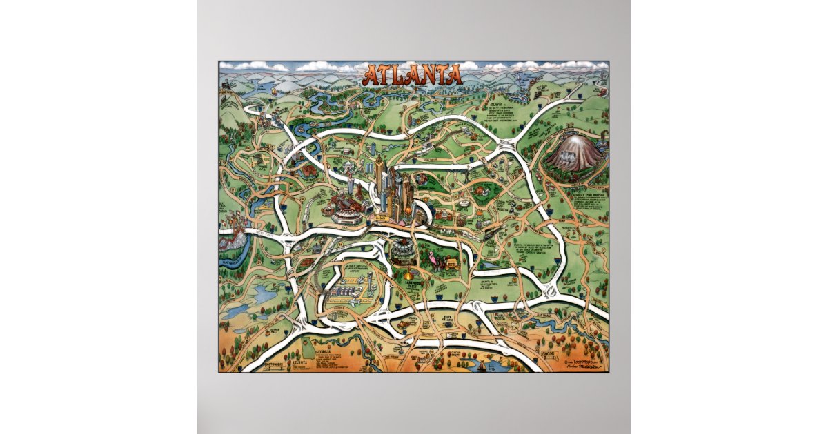 Atlanta Georgia Cartoon Map Poster | Zazzle
