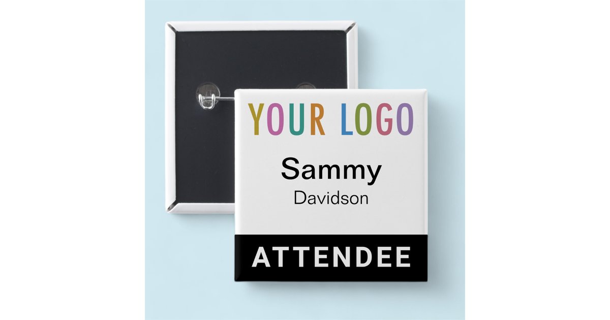 Attendee Name Badge with Logo Black Pinback Square | Zazzle