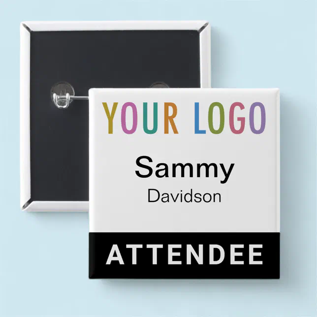 Attendee Name Badge with Logo Black Pinback Square | Zazzle