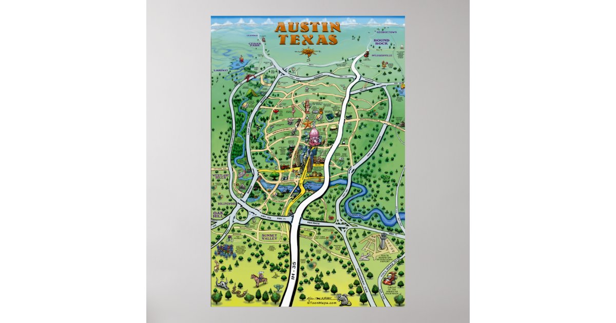 Austin Texas Cartoon Map Poster | Zazzle