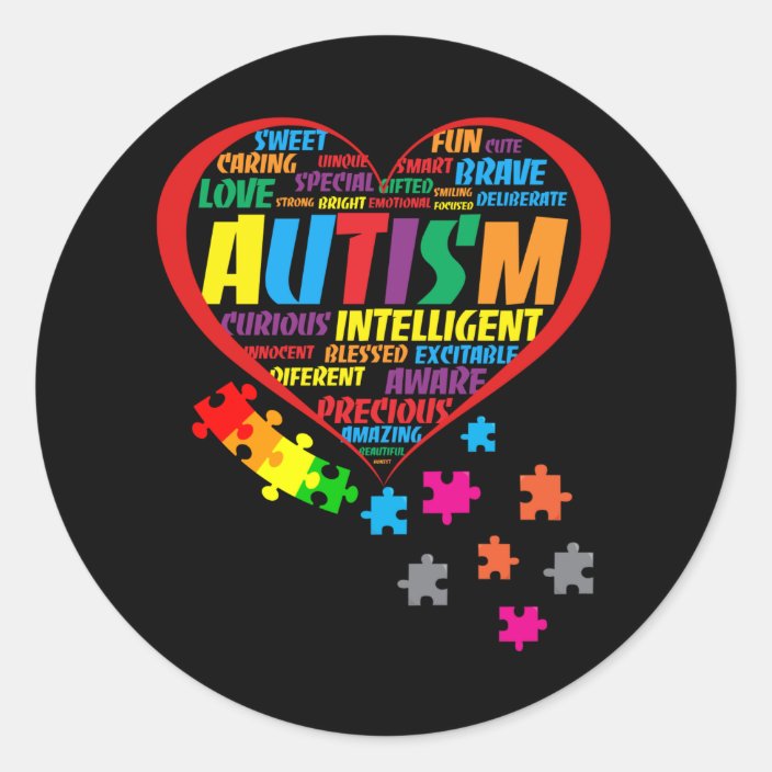 Autism Awareness Autism Heart Typography Classic Round Sticker | Zazzle ...
