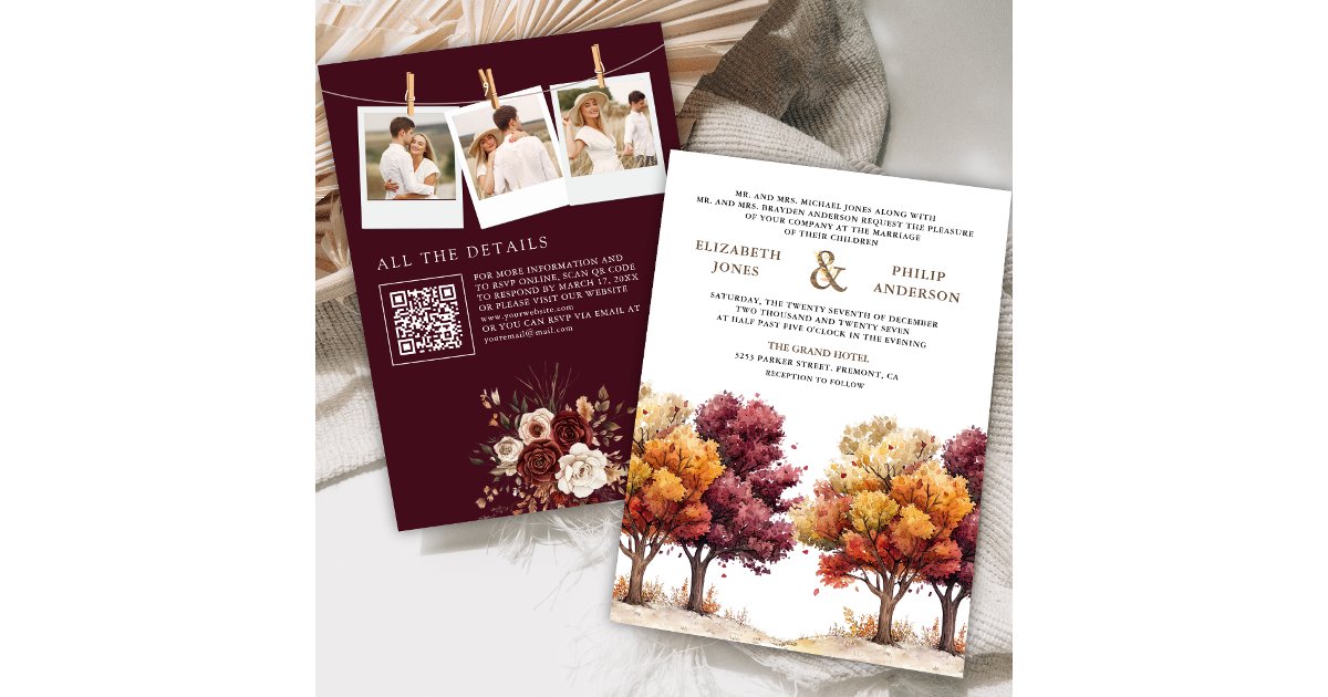 Autumn Fall Burgundy Trees Photo QR Code Wedding Invitation | Zazzle