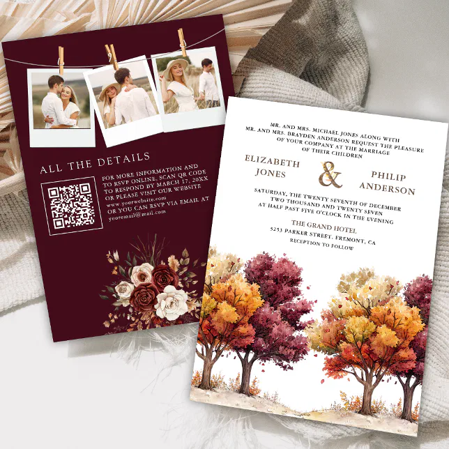 Autumn Fall Burgundy Trees Photo QR Code Wedding Invitation | Zazzle