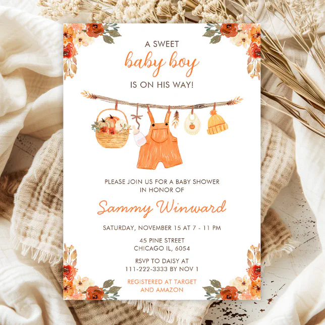 Autumn Fall Clothes Line Boy Baby Shower Invitation | Zazzle