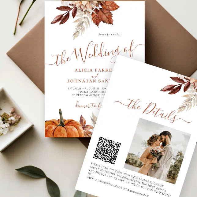 Autumn fall QR code boho botanical wedding Invitation | Zazzle