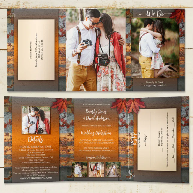 Autumn Leaves Industrial Wedding Tri-Fold Invitation | Zazzle