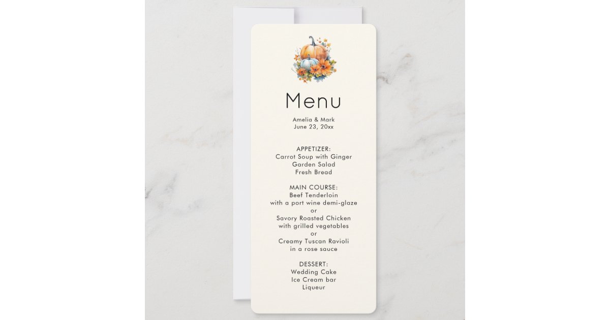 Autumn Pumpkins with Flowers and Foliage Menu Invitation | Zazzle