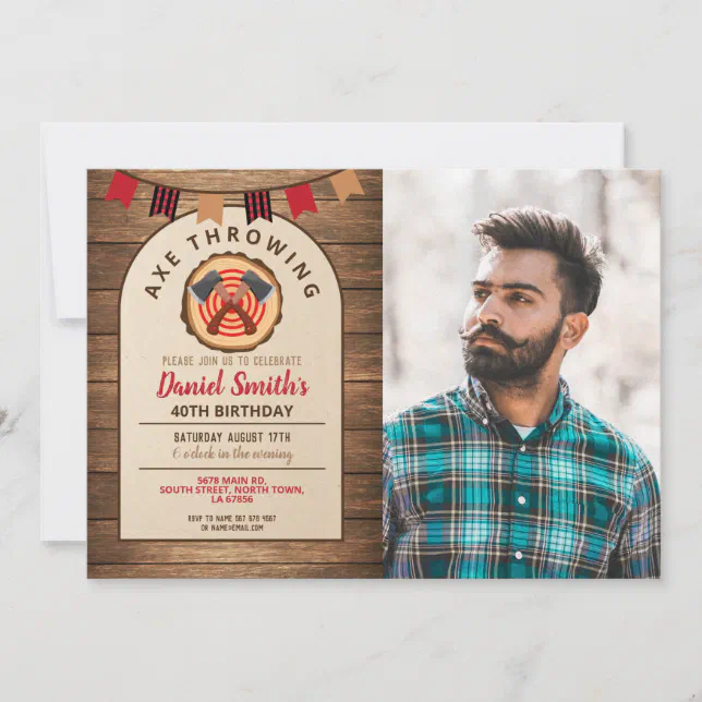 Axe Throwing Birthday Lumberjack Photo Invitation | Zazzle