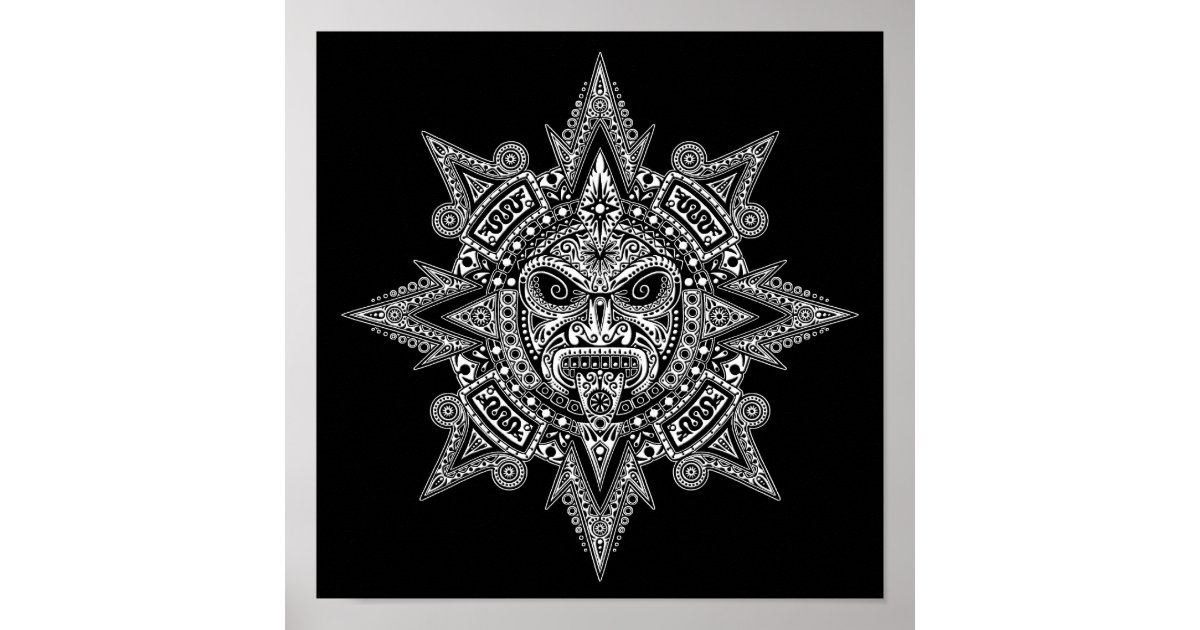 Aztec Sun Mask White on Black Poster | Zazzle