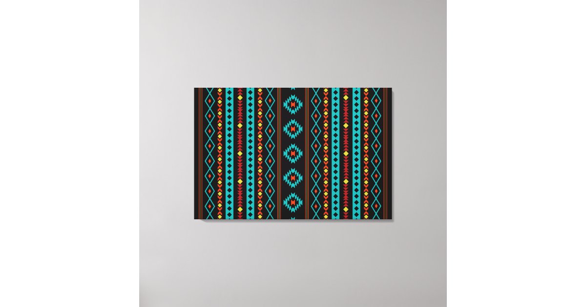 Aztec Teal Reds Yellow Blk Mixed Motifs V Pattern Canvas Print | Zazzle