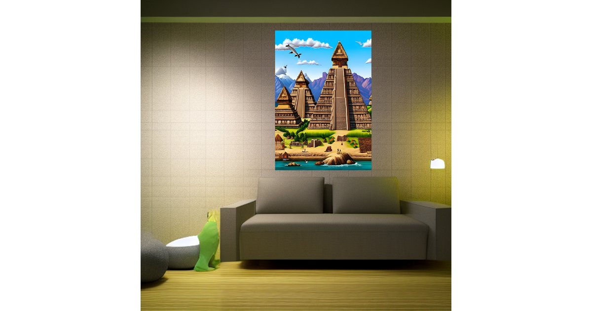 Aztec village near a river | AI Art Poster | Zazzle