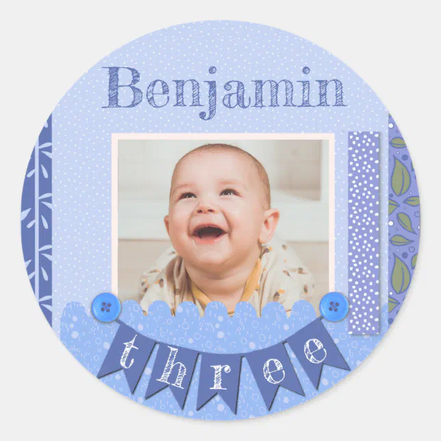 Baby Boy 3rd Birthday Blue Scrapbook Classic Round Sticker | Zazzle