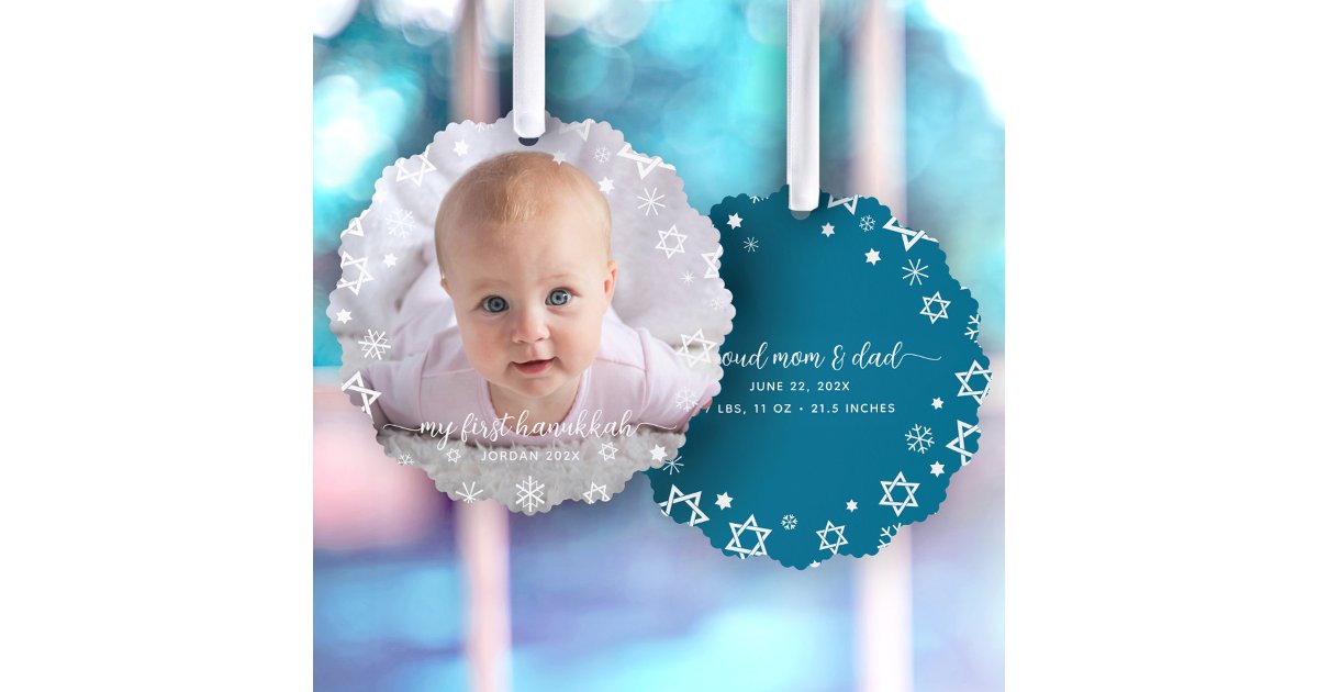 Baby First Hanukkah Photo Snowflakes New Parents Tree Decoration Card ...