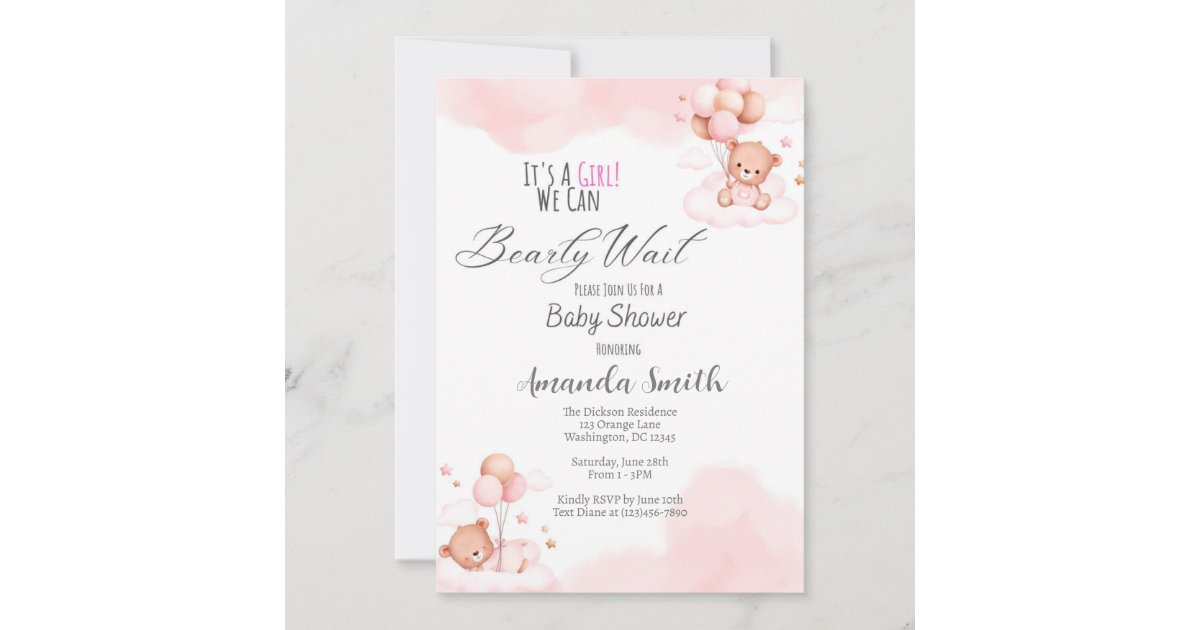 Baby Girl Bearly Wait Baby Shower Invitation | Zazzle
