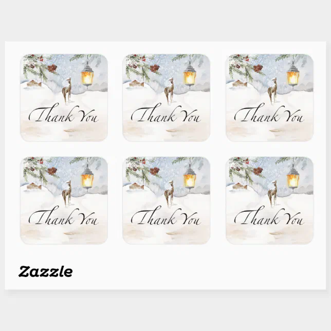 Baby it's cold outside evergreen thank you square sticker | Zazzle