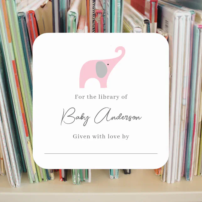 Baby shower bookplate pink elephant square sticker | Zazzle
