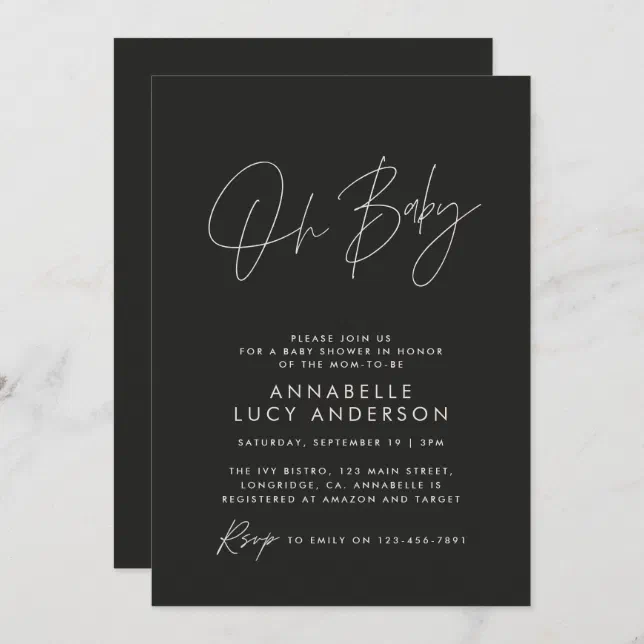 Baby shower script modern black elegant photo invitation | Zazzle