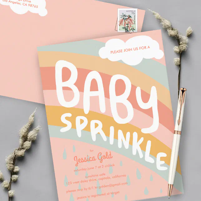 BABY SPRINKLE Cute Clouds Rainbow Rain Custom Invitation Postcard | Zazzle