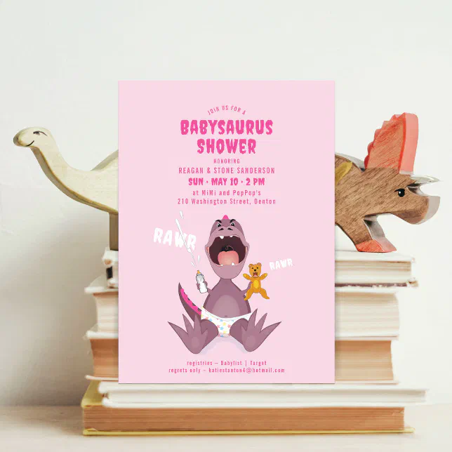 Babysaurus T-rex Pink Baby Shower Invitation | Zazzle