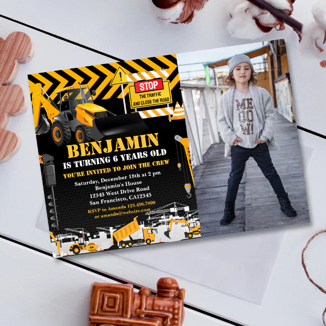 Backhoe Construction Birthday Party Photo Invitation | Zazzle