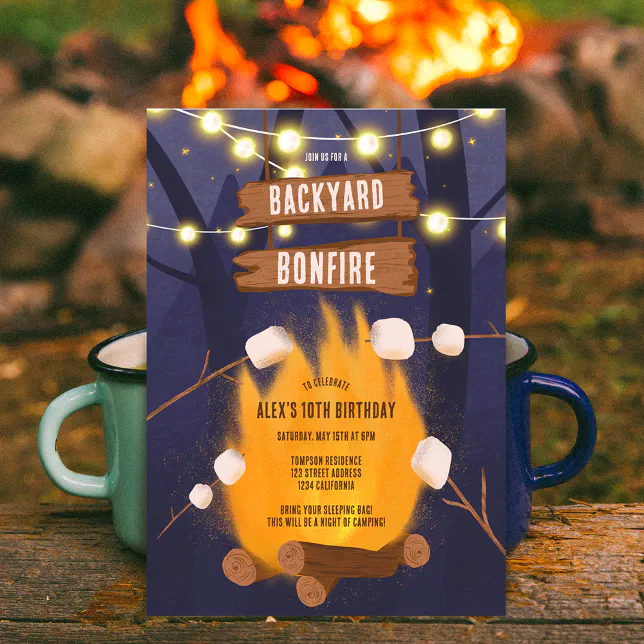 Backyard bonfire camping outdoor birthday party invitation | Zazzle