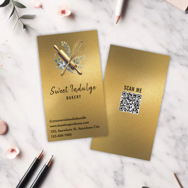 Baking Utensil QR Code Gold Glitter Bakery Business Card | Zazzle