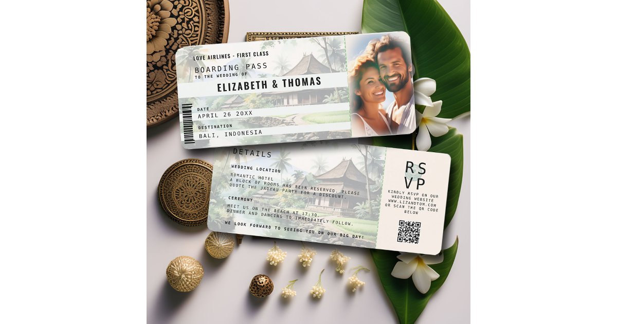 Bali Destination Boarding Pass Green Photo Wedding Invitation | Zazzle