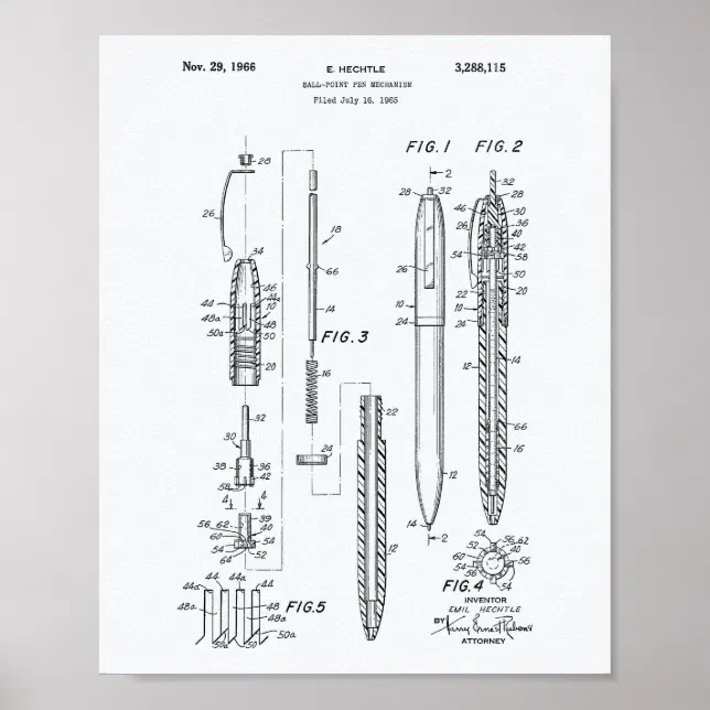 Ball Point Pen 1966 Patent Art White Paper Poster | Zazzle
