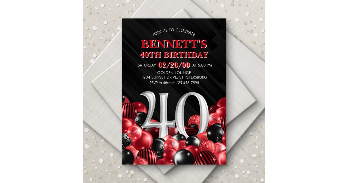 Balloons Red 40th Birthday Invitation | Zazzle