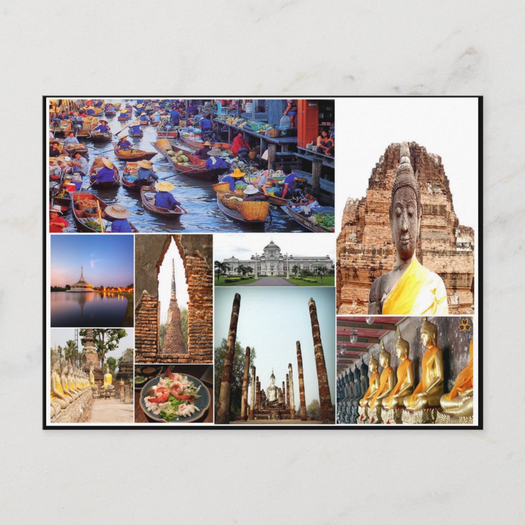 Bangkok temple collage colorful pictures postcard | Zazzle