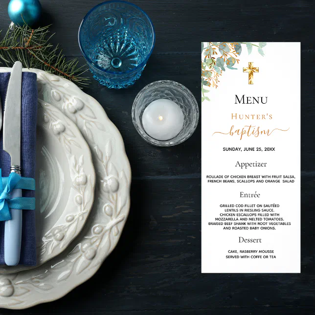 Baptism eucalyptus greenery cross menu card | Zazzle