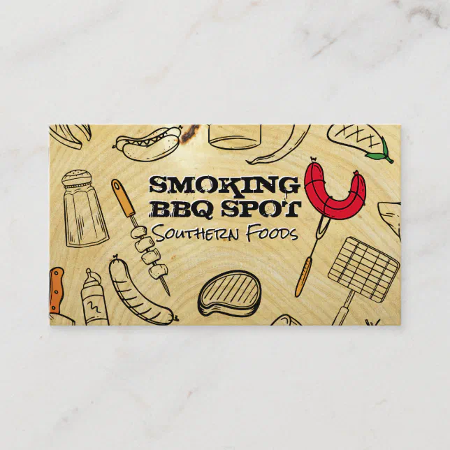 Barbecue Cooking Pattern | Wood Grain Background Business Card | Zazzle