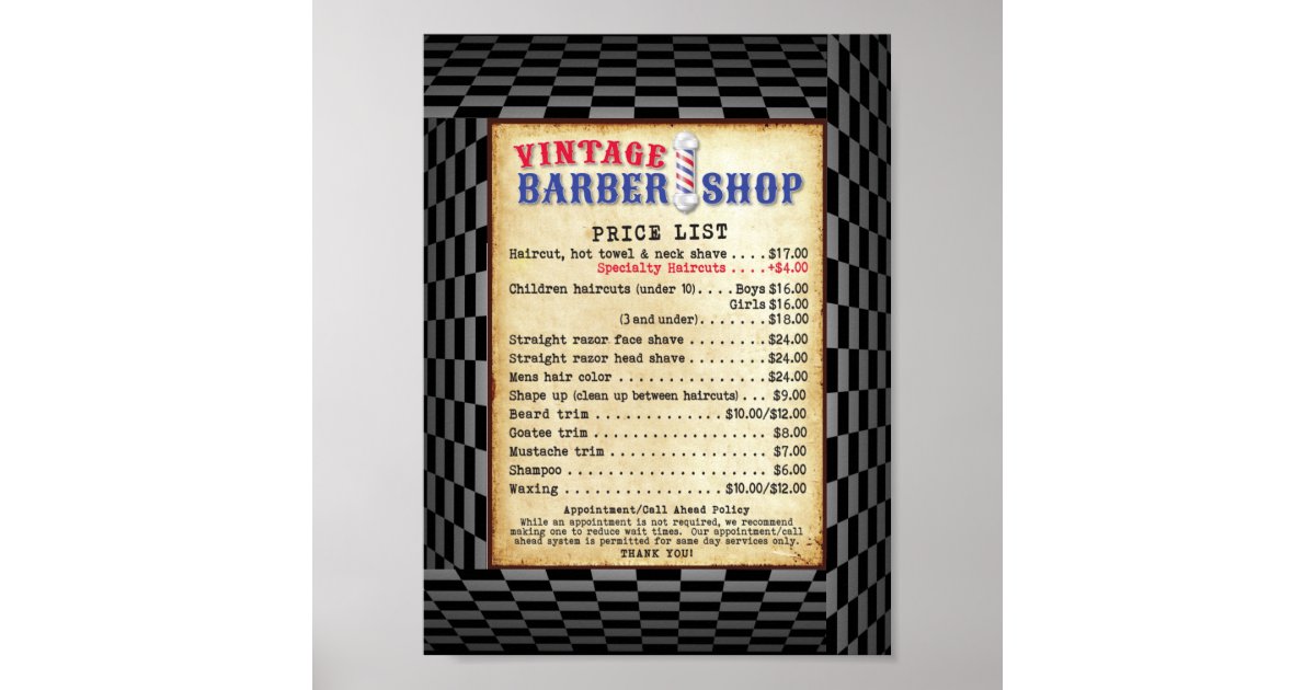 Barber Shop Vintage Price List Poster | Zazzle