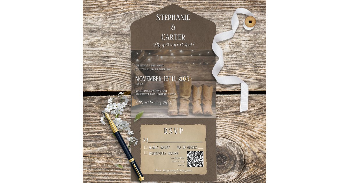 Barn & Boots Rustic Cowboy Western QR Code All In One Invitation | Zazzle
