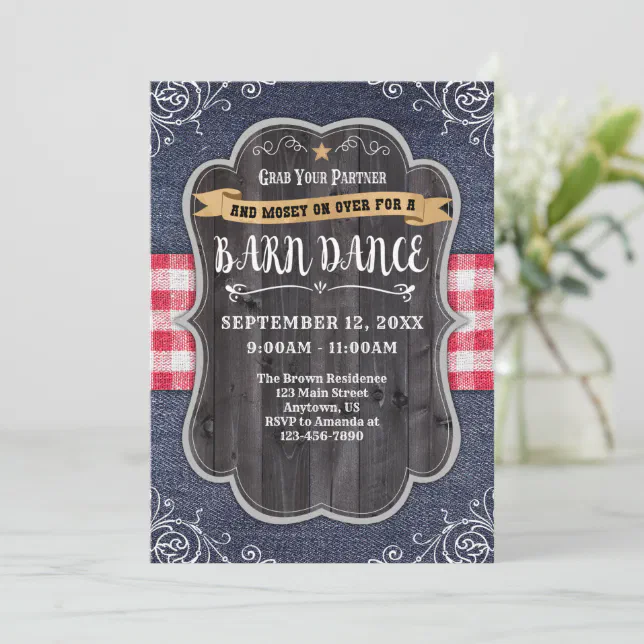 Barn Dance Denim Wood Rustic Invitation | Zazzle