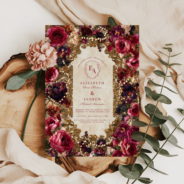Baroque Berry and Burgundy Floral Wedding Invitation | Zazzle