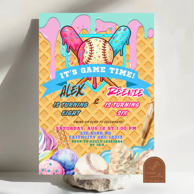 Baseball Ice Cream Drip Twins Birthday Party Invitation | Zazzle