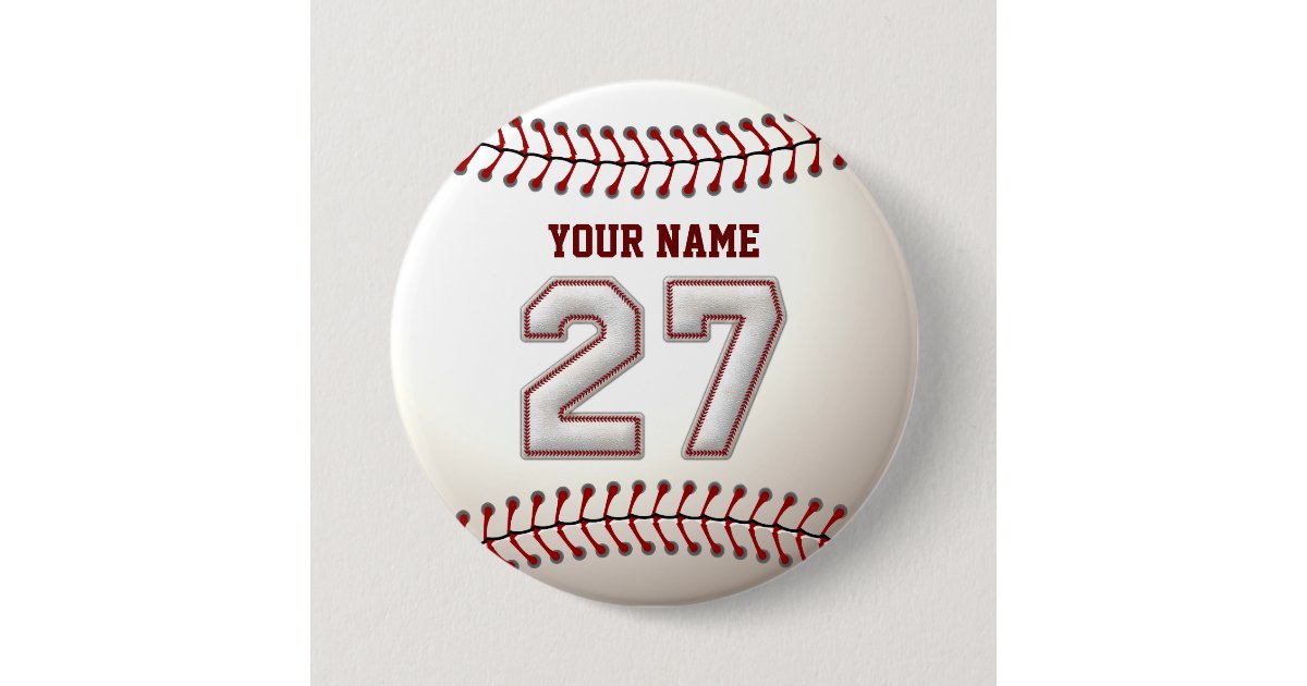 Baseball Stitches Player Number 27 and Custom Name 7.5 Cm Round Badge ...